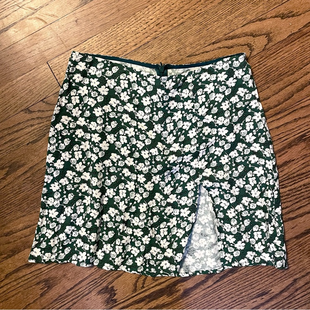 Reformation Dark Green Floral Side Slit Mini Skirt - Gem